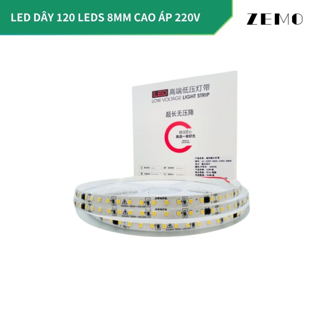 LED Dây 120 Leds 8mm Cao Áp 220V (cuộn 20m) - Zemo